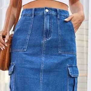 Skirts | Highrise Midi Retro Cargo Side Pocket Elastic Waist Denim Jean ...